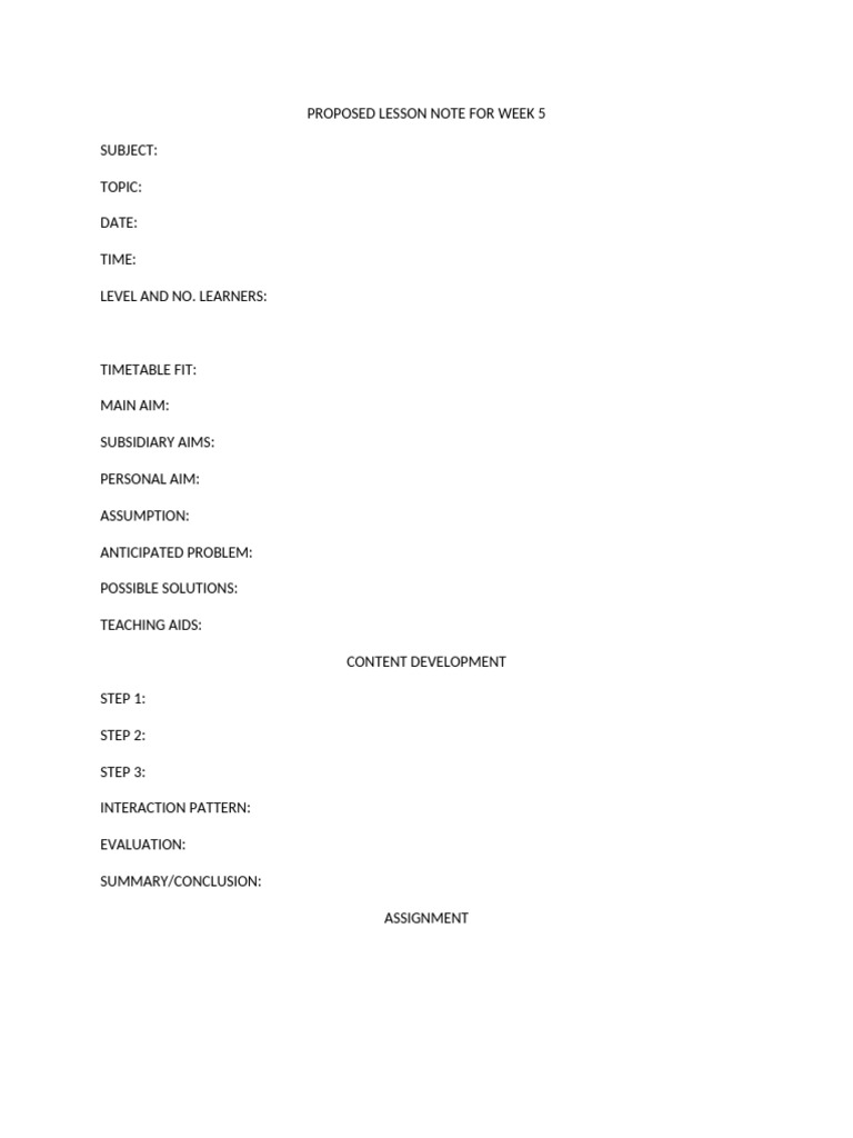 Proposed Lesson Note For Week 5 | PDF