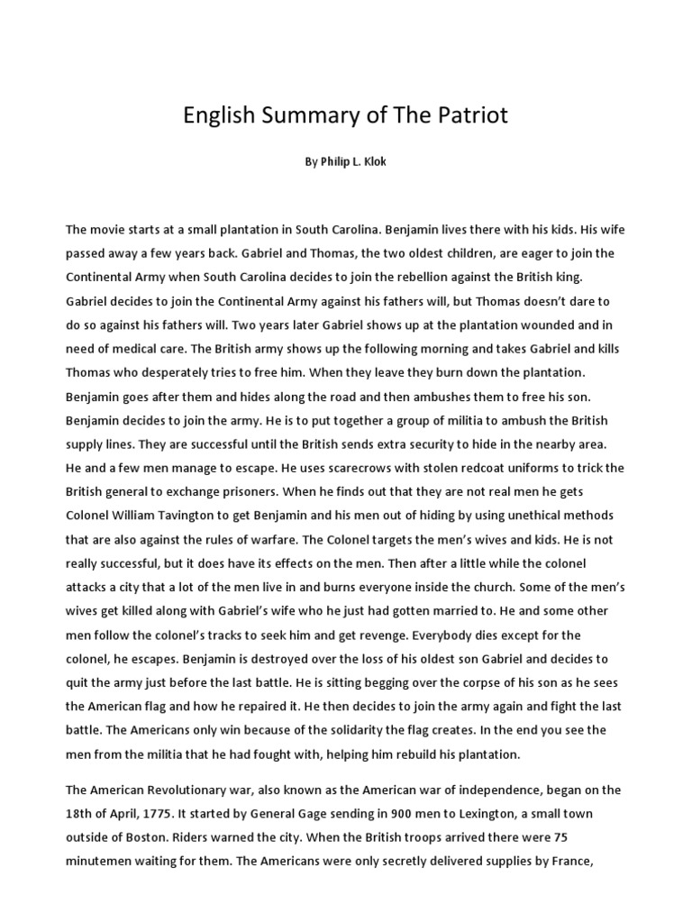 English Summary of the Patriot | American Revolutionary War | Warfare ...