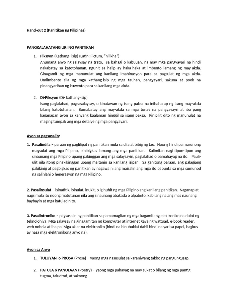 Hand Out 2 Panitikan | PDF