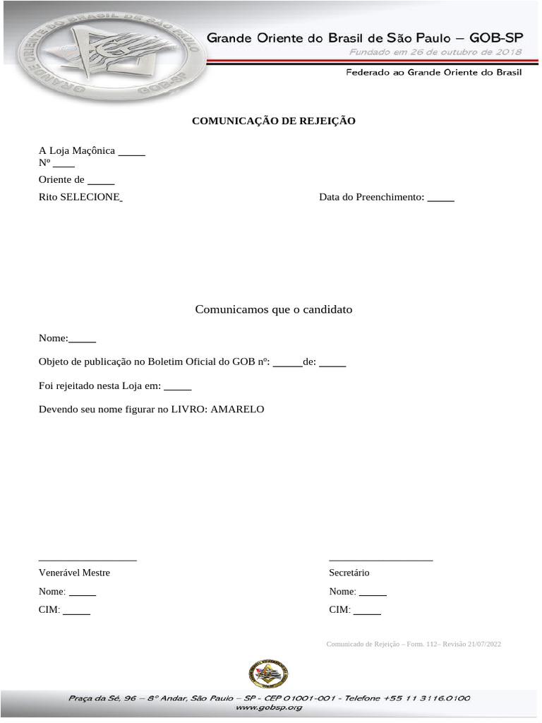 Forms Form 112 ComunicacaodeRejeicaodecandidato | PDF