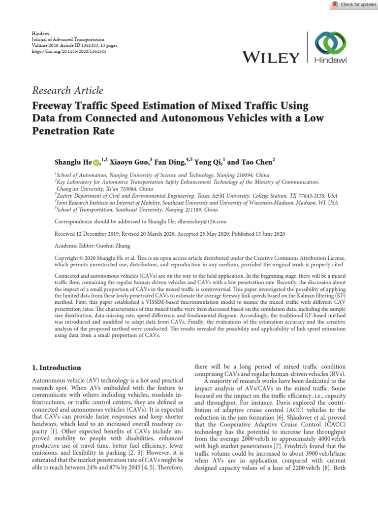 Journal of Advanced Transportation - 2020 - He - Freeway Traffic Speed Estimation of Mixed ...