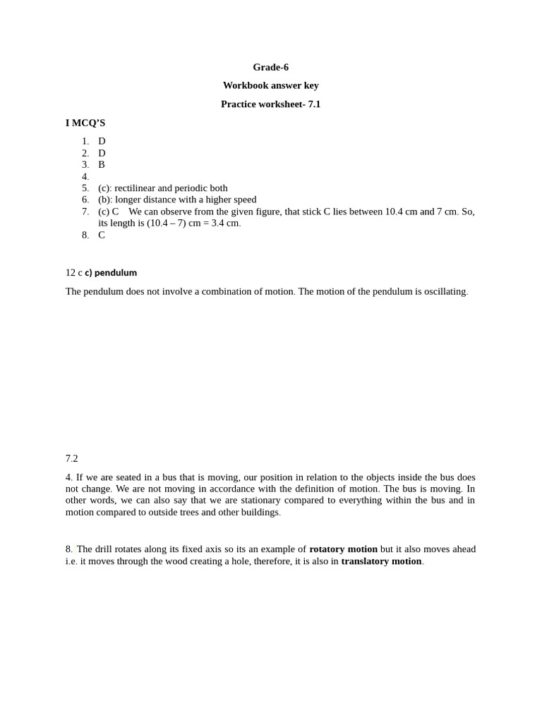 Grade 6 Workbook Answer Key 7.1 | PDF