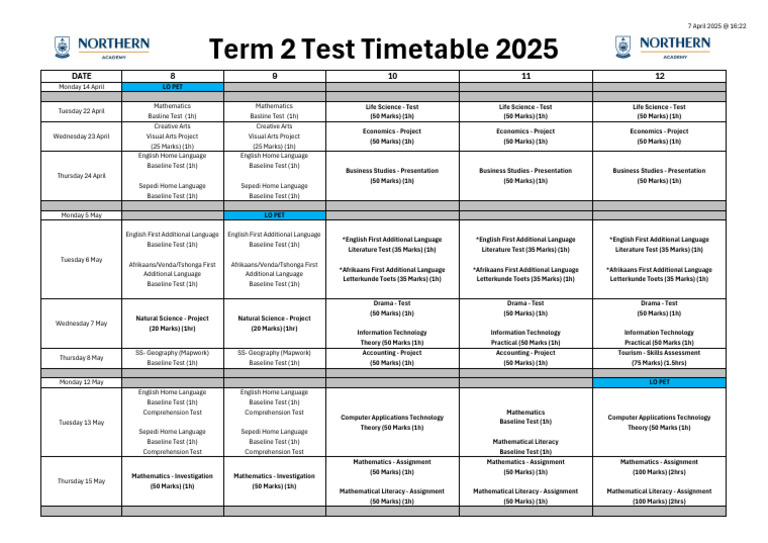 Term 2 Exam Timetable 2025 | PDF | Cognition | Learning