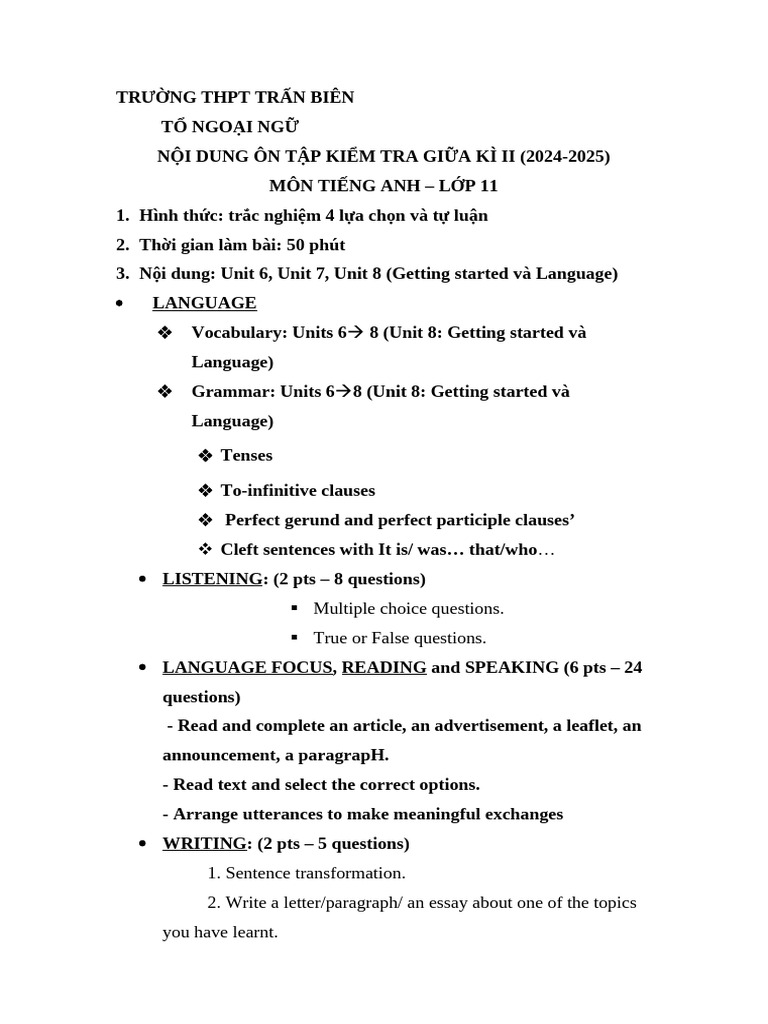 NỘI DUNG ÔN TẬP 11 GK2 2024 2025 | PDF