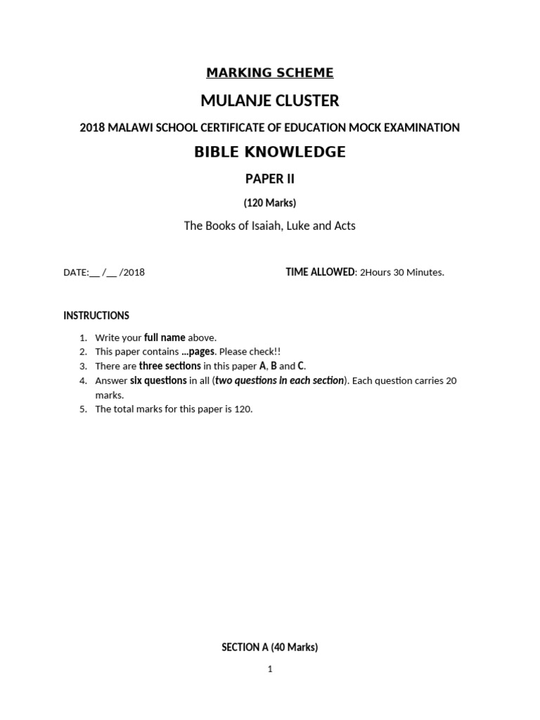 2018 Malawi MSCE Bible Knowledge Exam | PDF | Jesus | Acts Of The Apostles