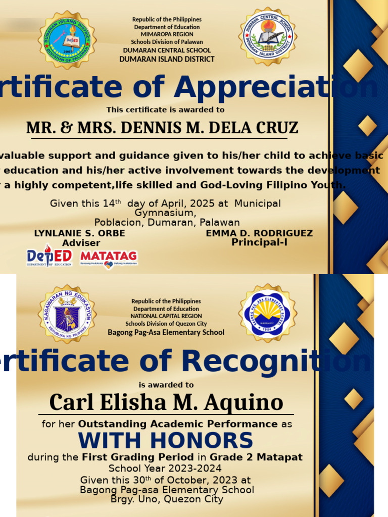 Recognition Certificate First Quarter Design 12 | PDF | Metro Manila ...