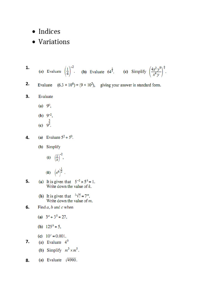 Indices and Variations Revision | PDF