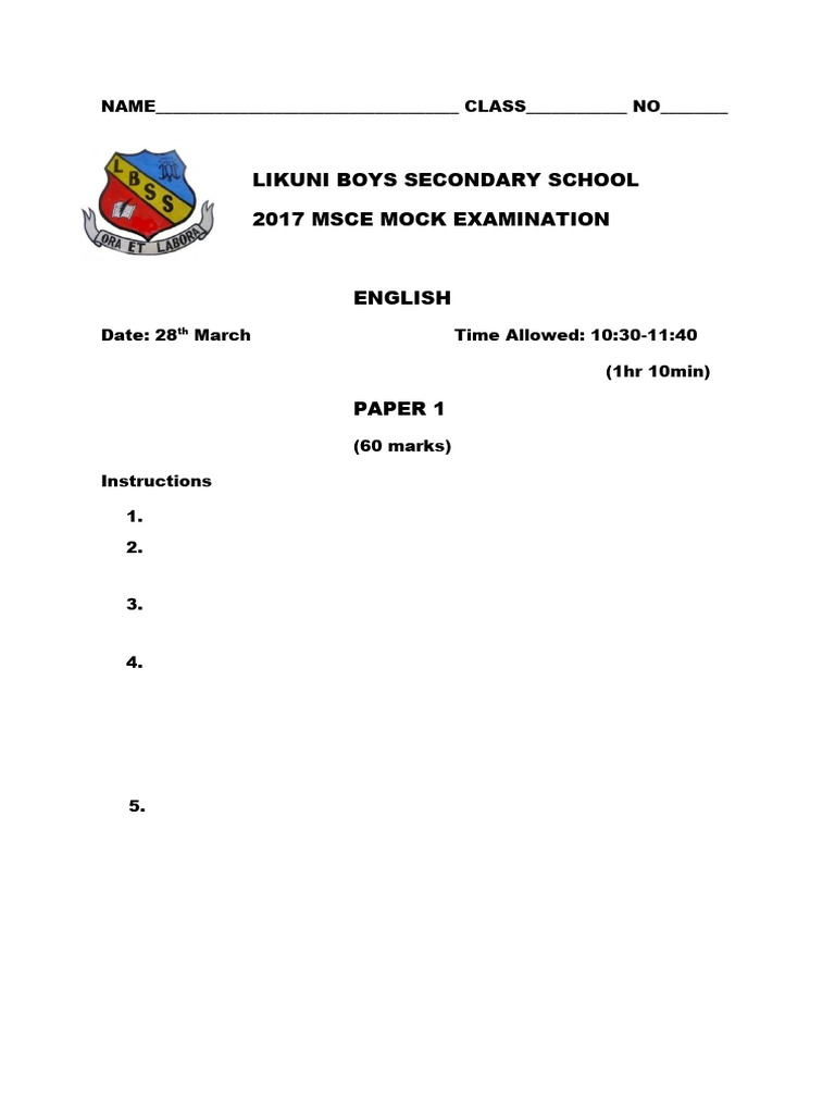 2017 MSCE English Mock Exam Paper 1 | PDF | Pronoun | Adverb