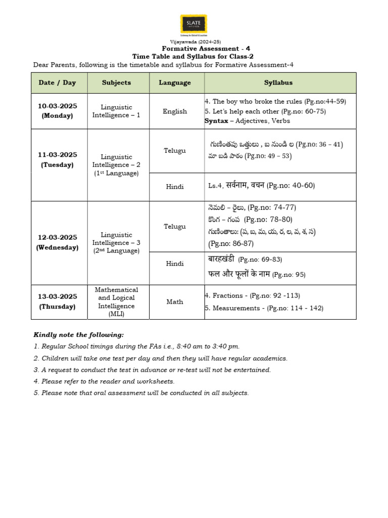 Class 2 - FA - 4 - Time Table and Syllabus | PDF