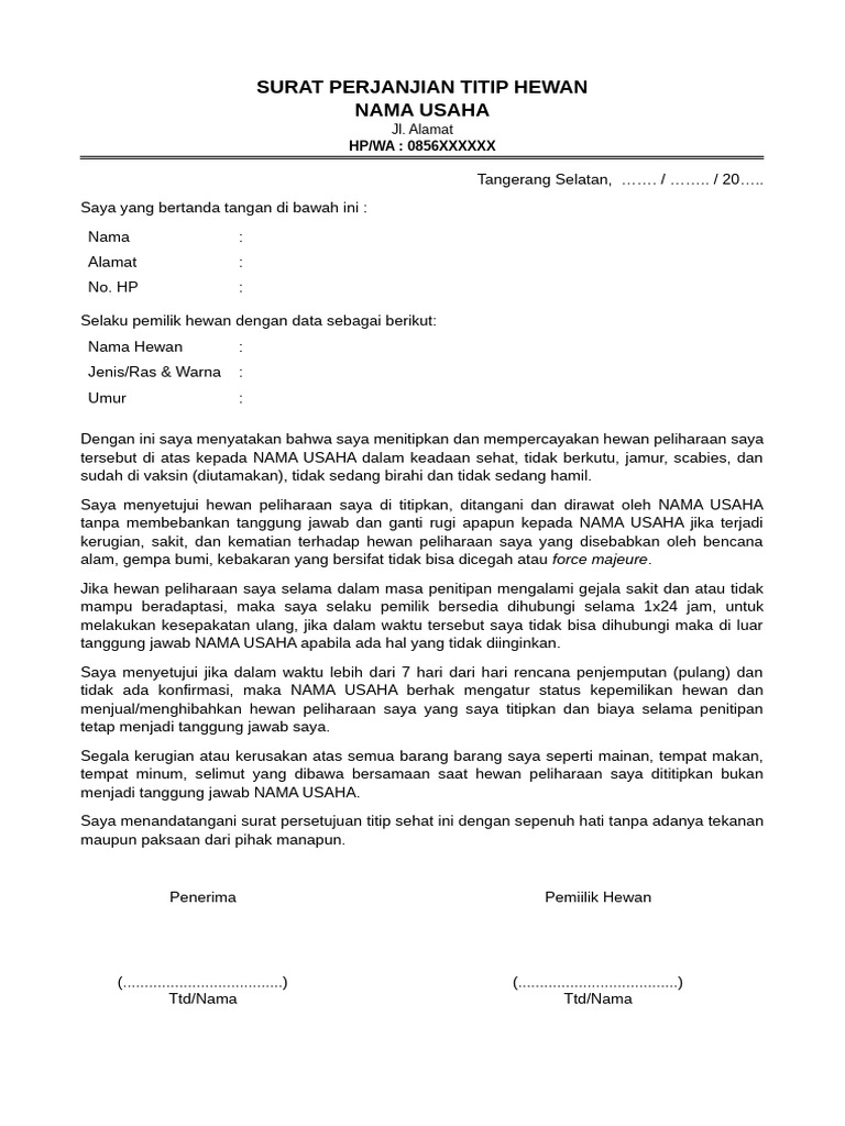 Surat Perjanjian Titip Hewan | PDF