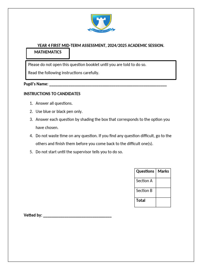 Year 4 Mathematics 1st CAT | PDF | Mathematical Notation | Mathematics