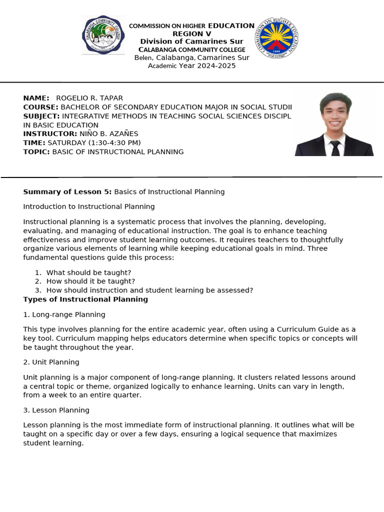 Summary in Basic of Instructional Planning | PDF | Teachers | Education ...