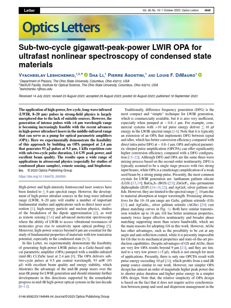 Opt Lett 484949-49522023 | PDF | Ultrashort Pulse | Infrared