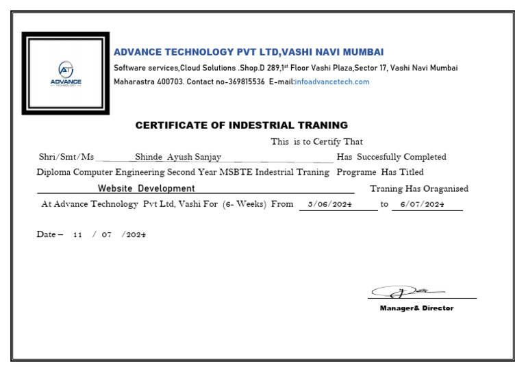 Certificate of Training at Advance Tech | PDF