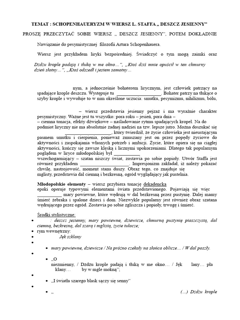 Interpretacja Wiersza Deszcz Jesienny | PDF