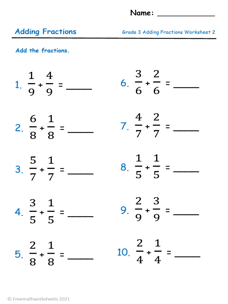 Grade 3 Adding Fractions Worksheet | PDF