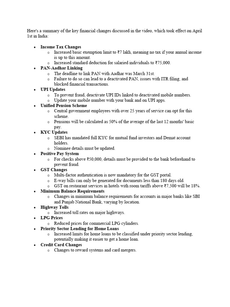 Key Financial Changes Effective April 1st in India | PDF