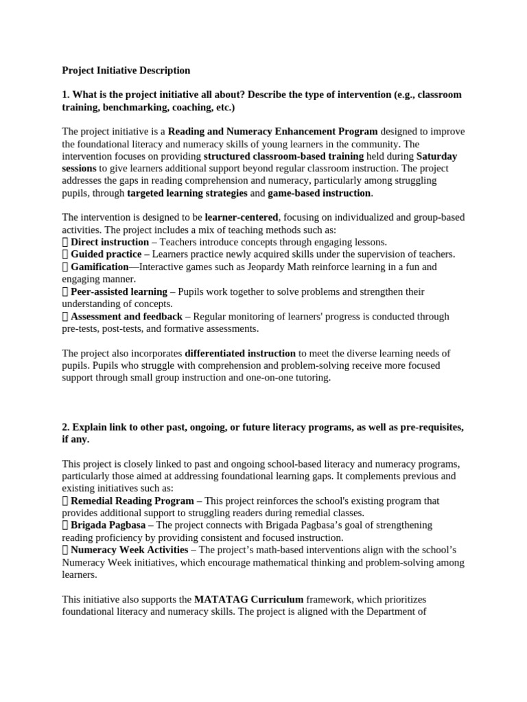 Project Initiative Description | PDF | Literacy | Learning