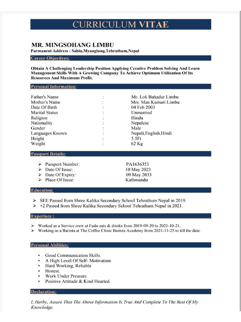 Mingsohang Limbu - Barista - CV | PDF
