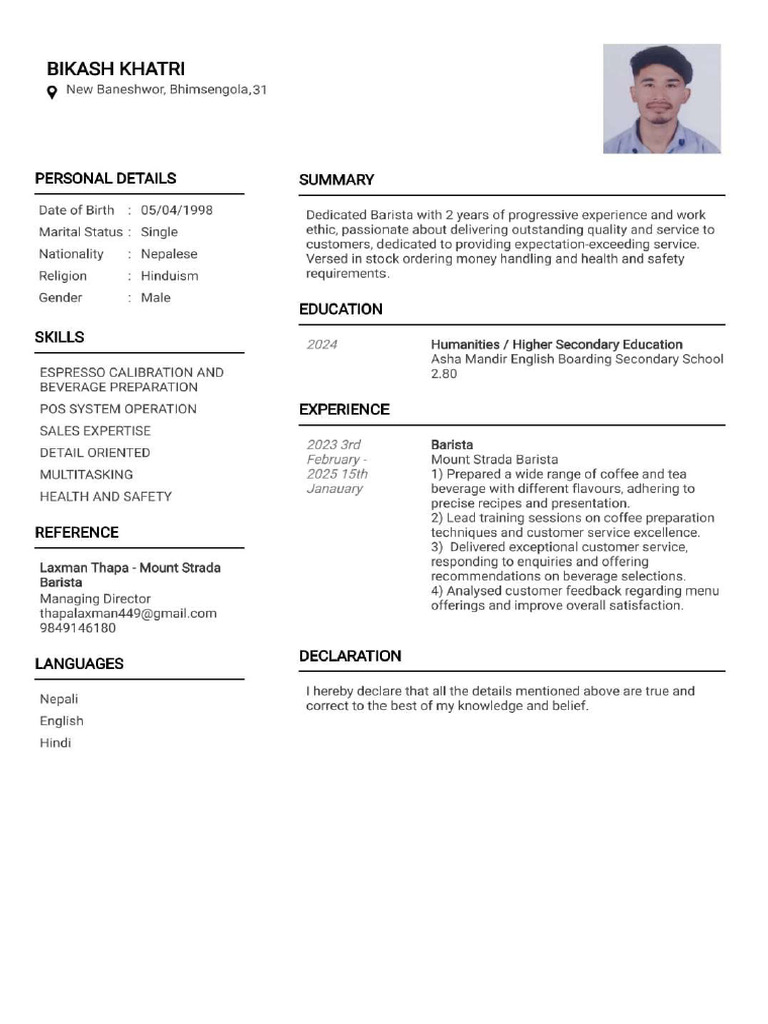 Bikash Khatri_CV_Barista | PDF