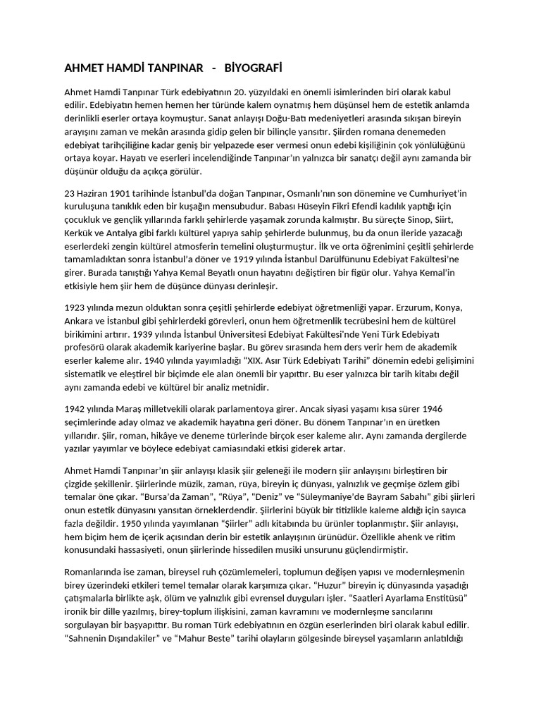 Edebiyat Proje Ödevi - Ahmet Hamdi Tanpınar-Biyografi | PDF