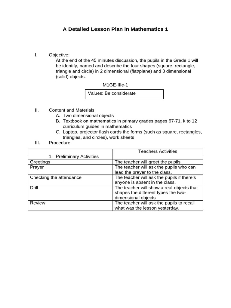A Detailed Lesson Plan in Mathematics | PDF | Shape | Euclidean Plane Geometry
