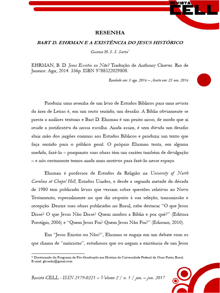 Resenha Bart D. Ehrman e A Existencia Do | PDF | Jesus | Apóstolo Paulo