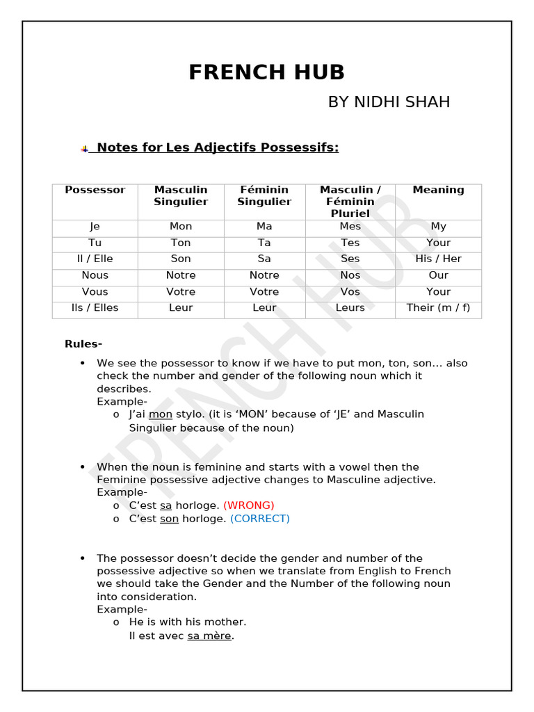 Notes - Les Adjectifs Possessifs | PDF