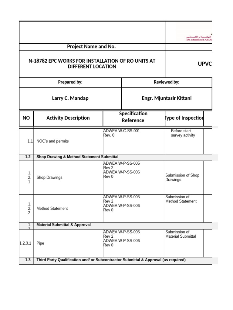 Mechanical Works ITP - Di Yan | PDF | Specification (Technical Standard) | Pipe (Fluid Conveyance)