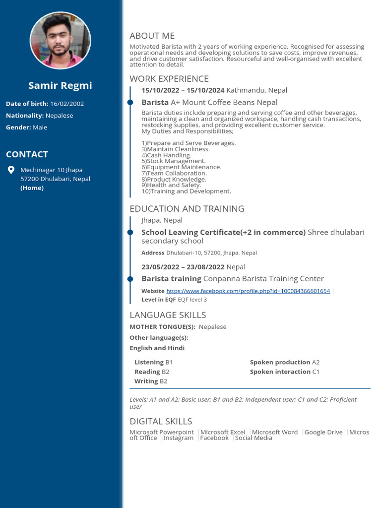 Samir Regmi_CV Barista for Kuwait | PDF | Nepal