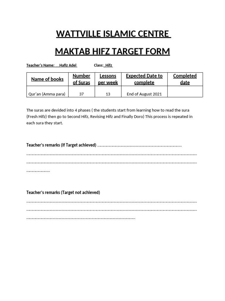 Target Form Hifz Class | PDF