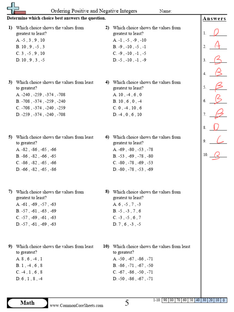 Ordering Integers: Answer Key | PDF | Mathematics | Arithmetic