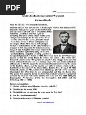 Abraham Lincoln Worksheets Pdf