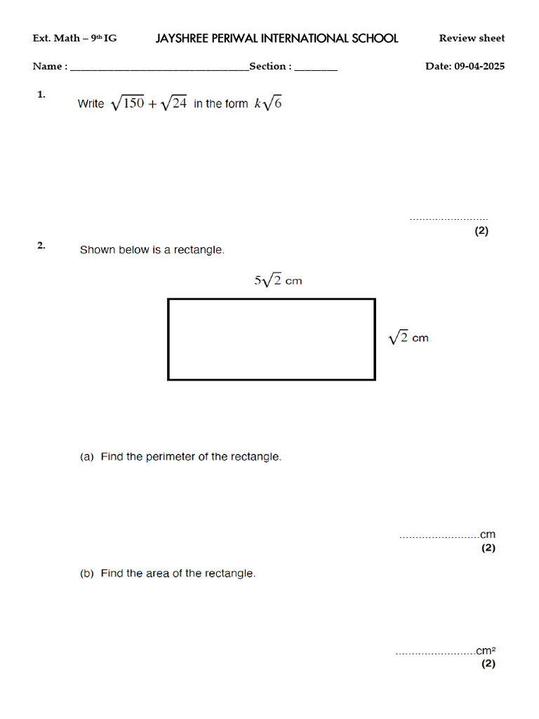 9th Grade Math Review Sheet | PDF