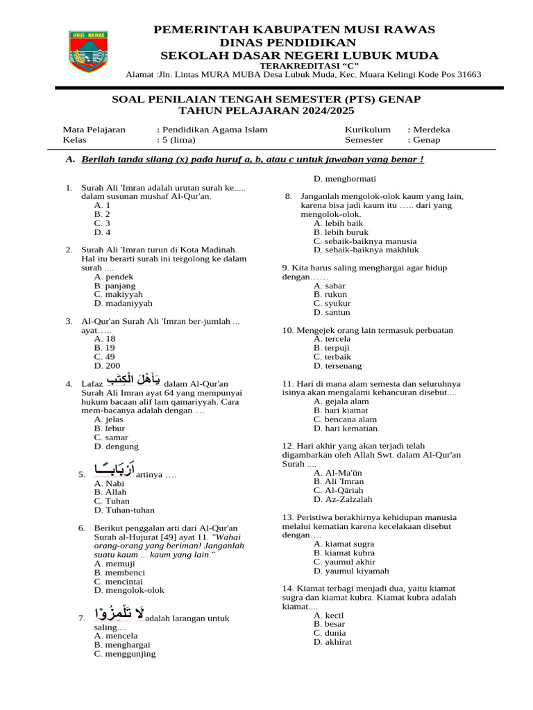 Soal PTS PAI Kelas 5 Genap-Kumer @ | PDF