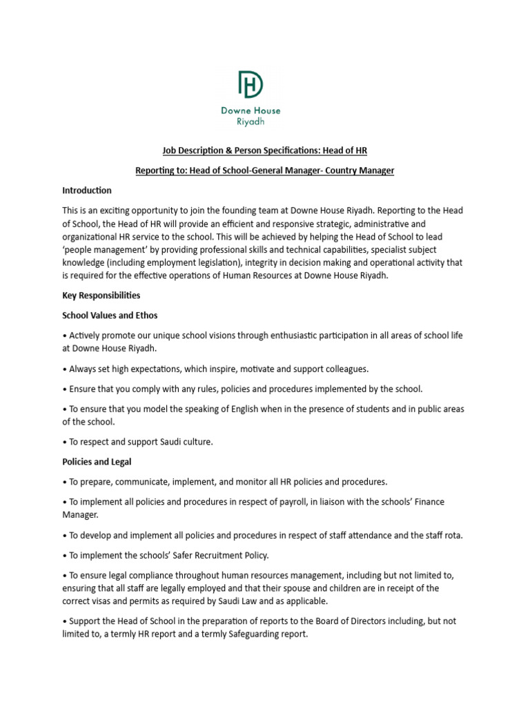 Job Description Head of HR | PDF | Recruitment | Policy