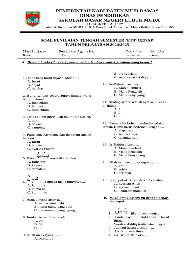 Soal PTS PAI Kelas 1 Genap-Kumer @ | PDF