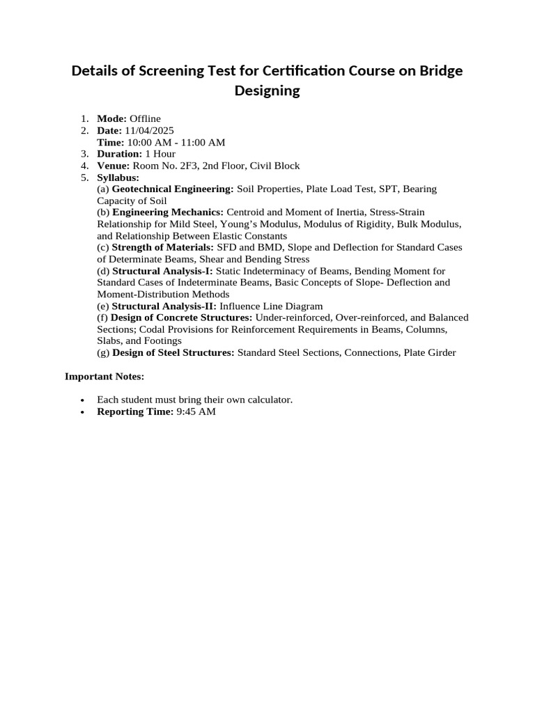 Bridge Design Certification Test Details | PDF