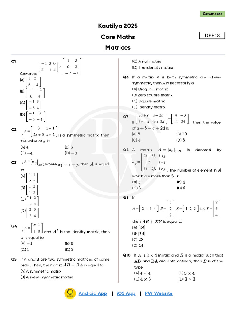 Matrices - DPP 08 (Of Lec 10) - Kautilya 2025 | PDF | Matrix (Mathematics) | Algebra