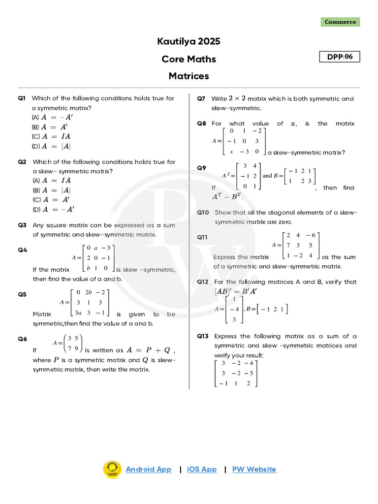 Matrices - DPP 06 (Of Lec 08) - Kautilya 2025 | PDF | Matrix (Mathematics) | Linear Algebra