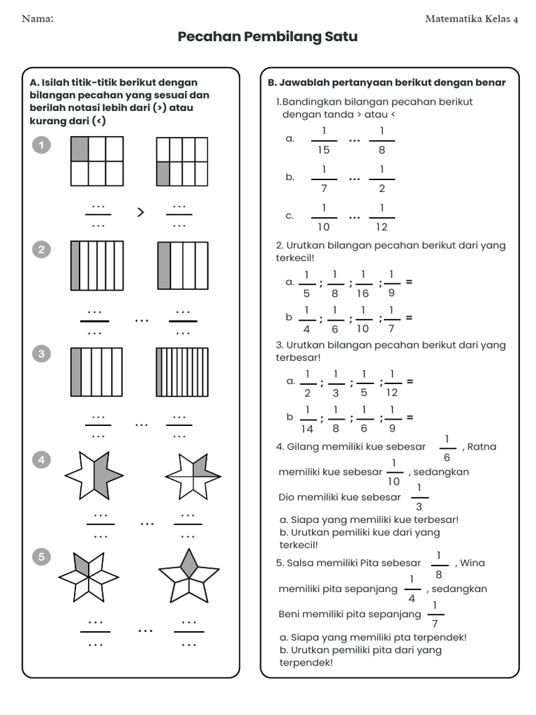 Membandingkan Pecahan Pembilang Satu Lembar Kerja Kuning dan Hijau Gaya ...