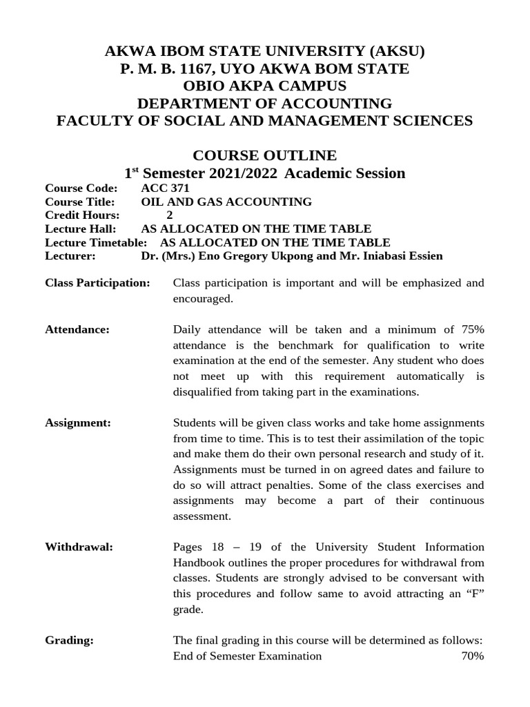 Aksu Course Outline Acc 371 2023 | PDF | Petroleum | Petroleum Industry
