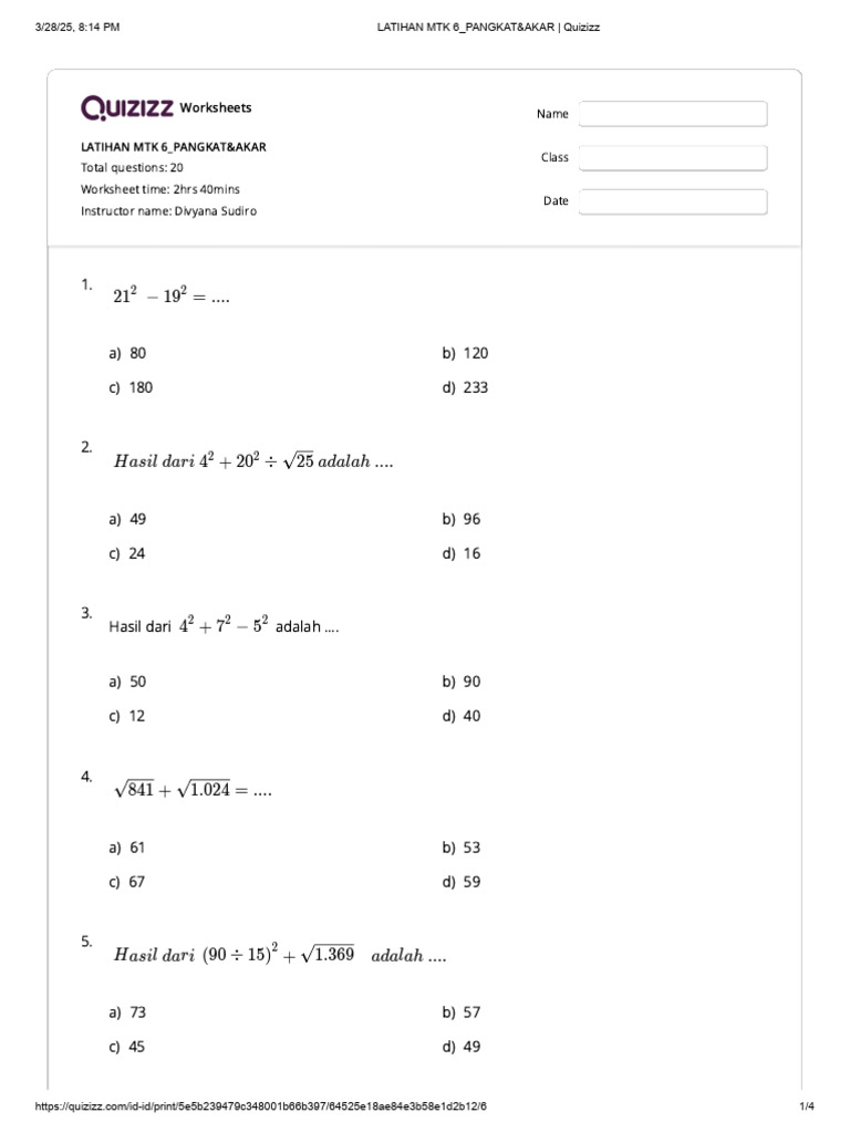 Latihan Soal Akar dan Pangkat Kelas 6 | PDF