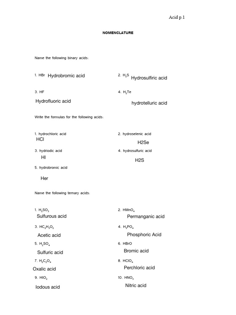 Binary and Ternary Acids Worksheet | PDF