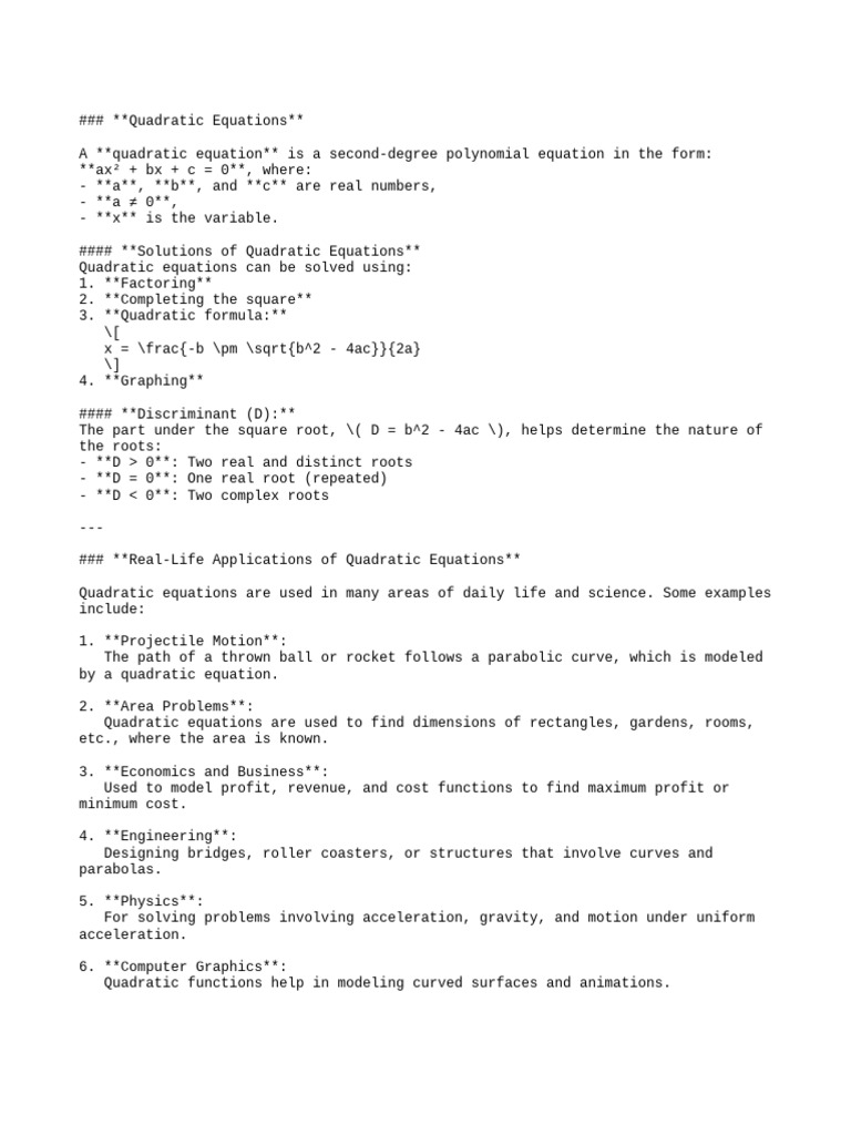 Quadratic Equations and It's Use in Real Life | PDF