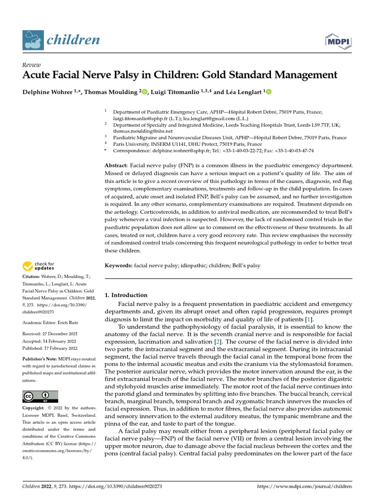 Acute Facial Nerve Palsy in Children - Gold Standart Management | PDF ...