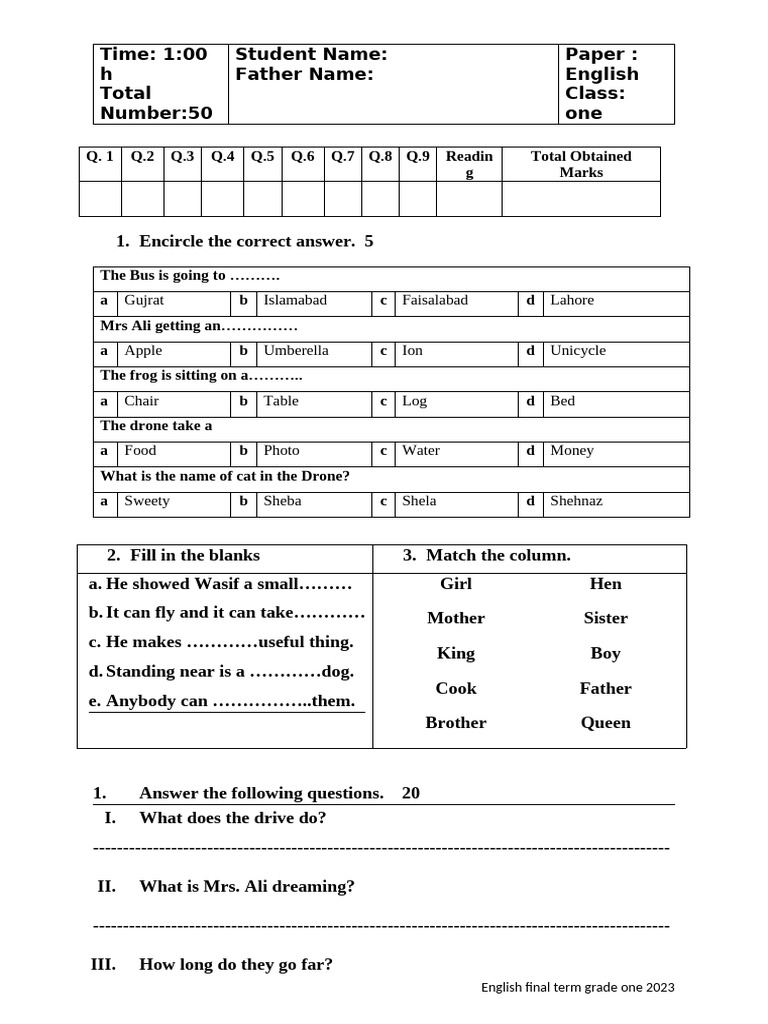 English One Final Term 2023 - 24 | PDF