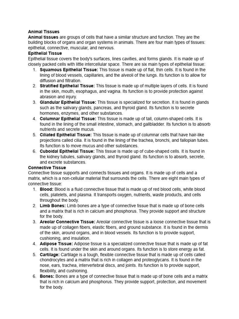 Define Animal Tissue. Describe Its Four Epithelial... | PDF | Muscle ...