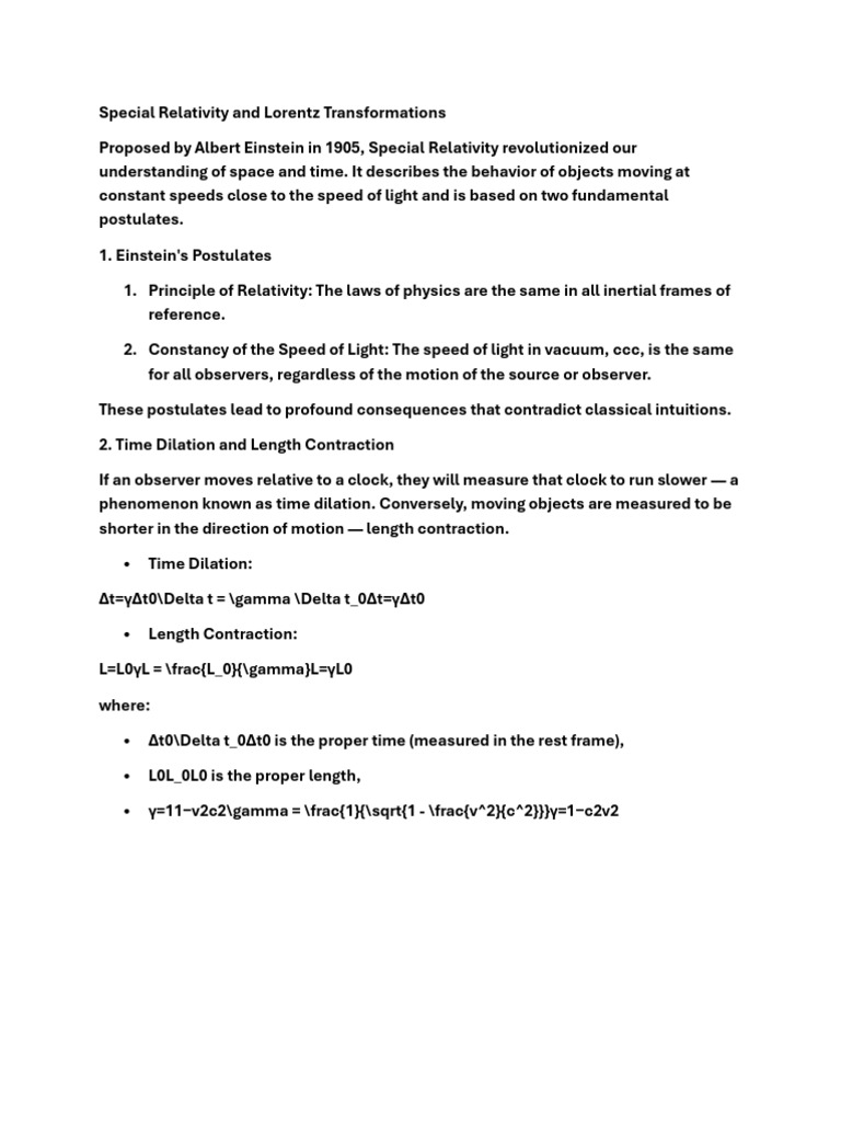 Special Relativity and Lorentz Transformations | PDF