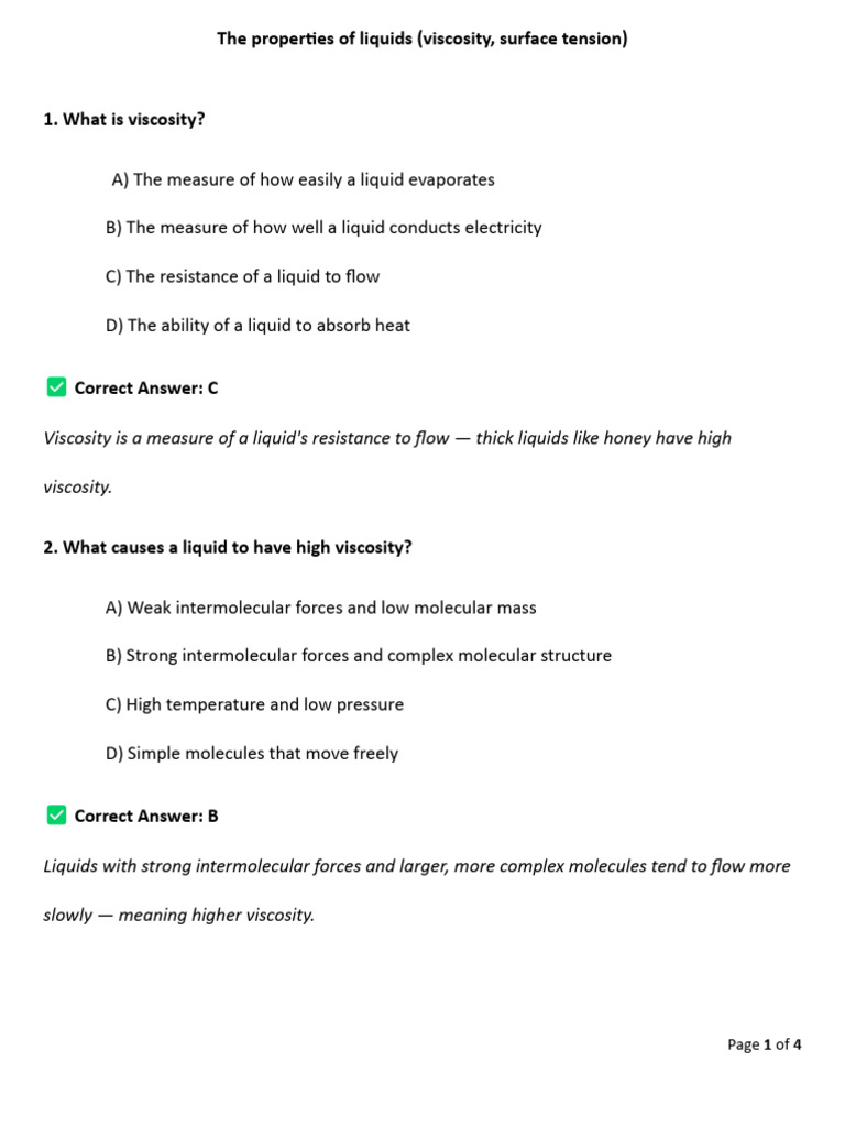 The Properties of Liquids (Viscosity, Surface Tension) | PDF | Liquids ...